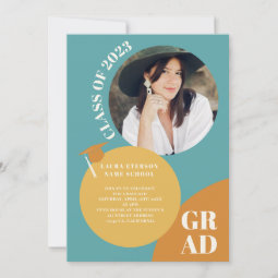 Retro boho circle blue mustard 5 photos graduation invitation | Zazzle