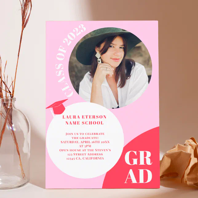 Retro boho circle red pink 5 photos graduation invitation | Zazzle