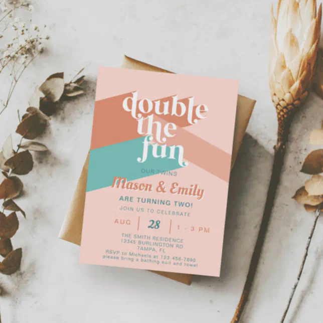 Retro Boho Double the Fun Twins Birthday Invitation | Zazzle