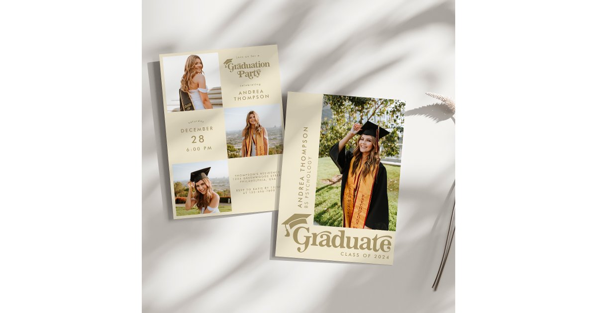 Retro Boho Earthy Graduation Cap Photo Collage Invitation | Zazzle