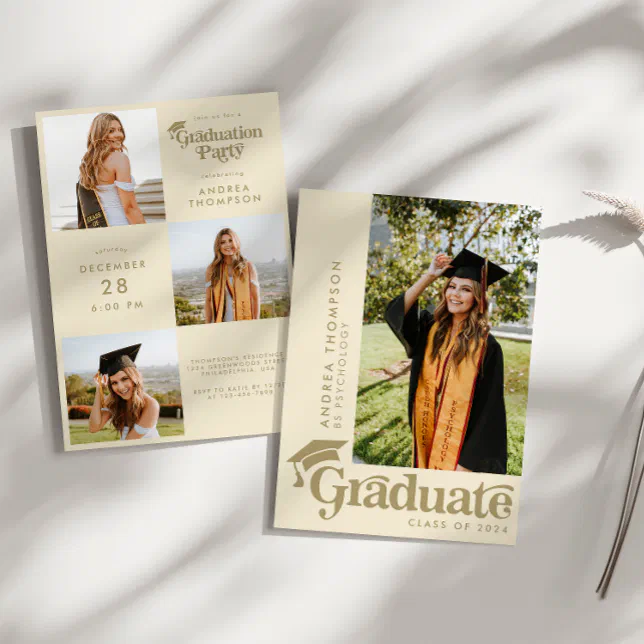 Retro Boho Earthy Graduation Cap Photo Collage Invitation | Zazzle