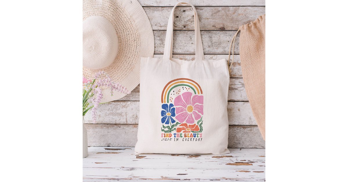 Retro Boho Floral Rainbow Inspiration Quote Tote Bag | Zazzle