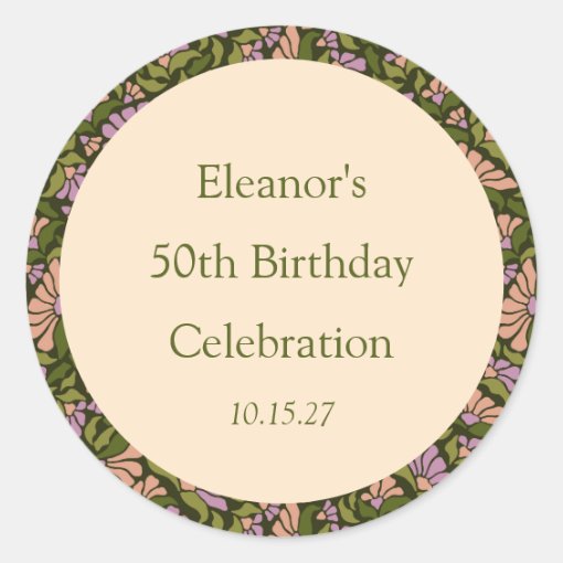 Retro Boho Green Cute Floral Custom 50th Birthday Classic Round Sticker ...
