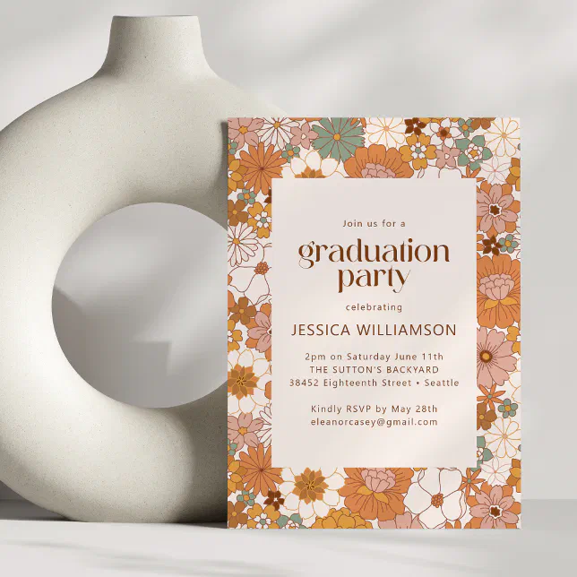 Retro Boho Terracotta Floral Cute Graduation Party Invitation | Zazzle