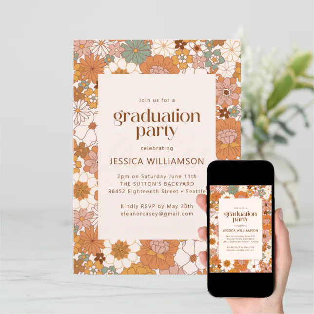 Retro Boho Terracotta Floral Cute Graduation Party Invitation | Zazzle