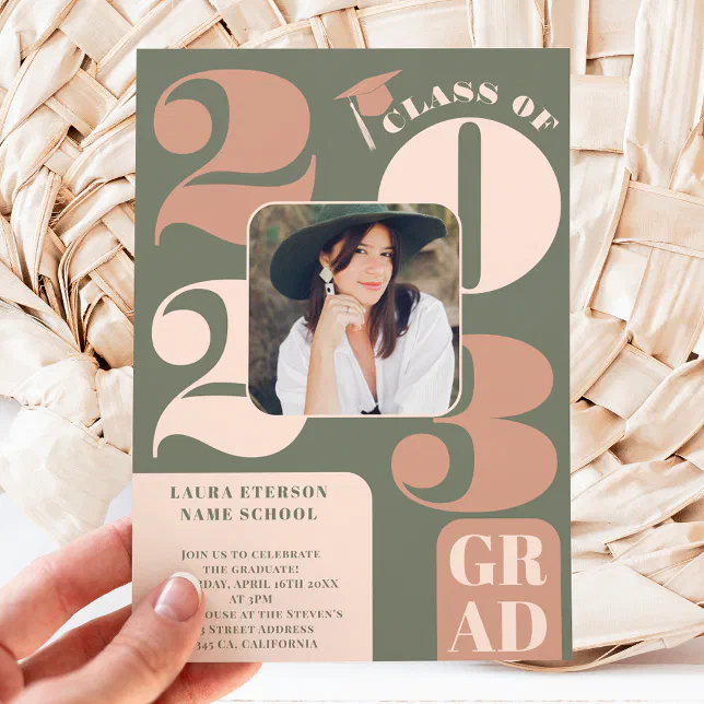 Retro bold 2023 green beige 5 photos graduation invitation | Zazzle