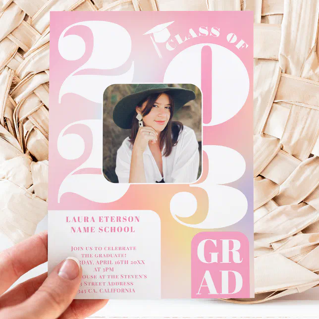 Retro bold 2023 holographic 5 photos graduation invitation | Zazzle