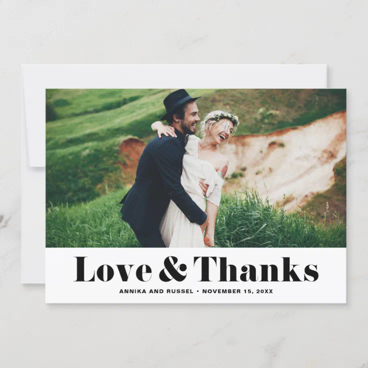 Retro Bold Typography Love & Thanks Photo Wedding Thank You Card | Zazzle