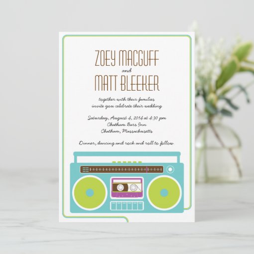 Retro Boombox Indie Mixtape Wedding Blue / Lime Invitation | Zazzle