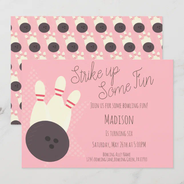 Retro Bowling Alley Birthday Party Pink Invitation | Zazzle