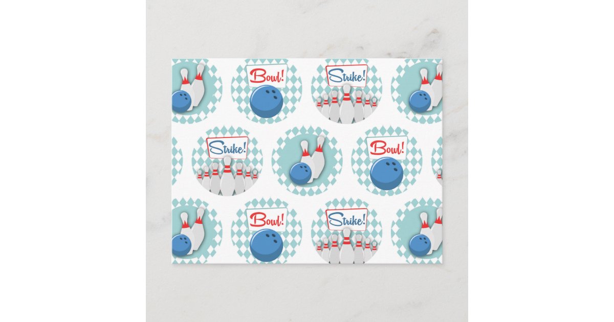 Retro Bowling Pattern Bowling Ball Pins Postcard | Zazzle