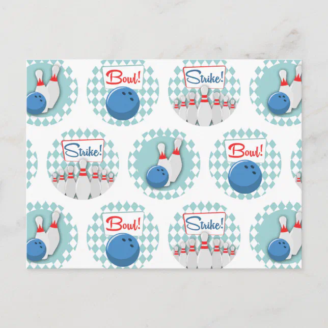 Retro Bowling Pattern Bowling Ball Pins Postcard | Zazzle