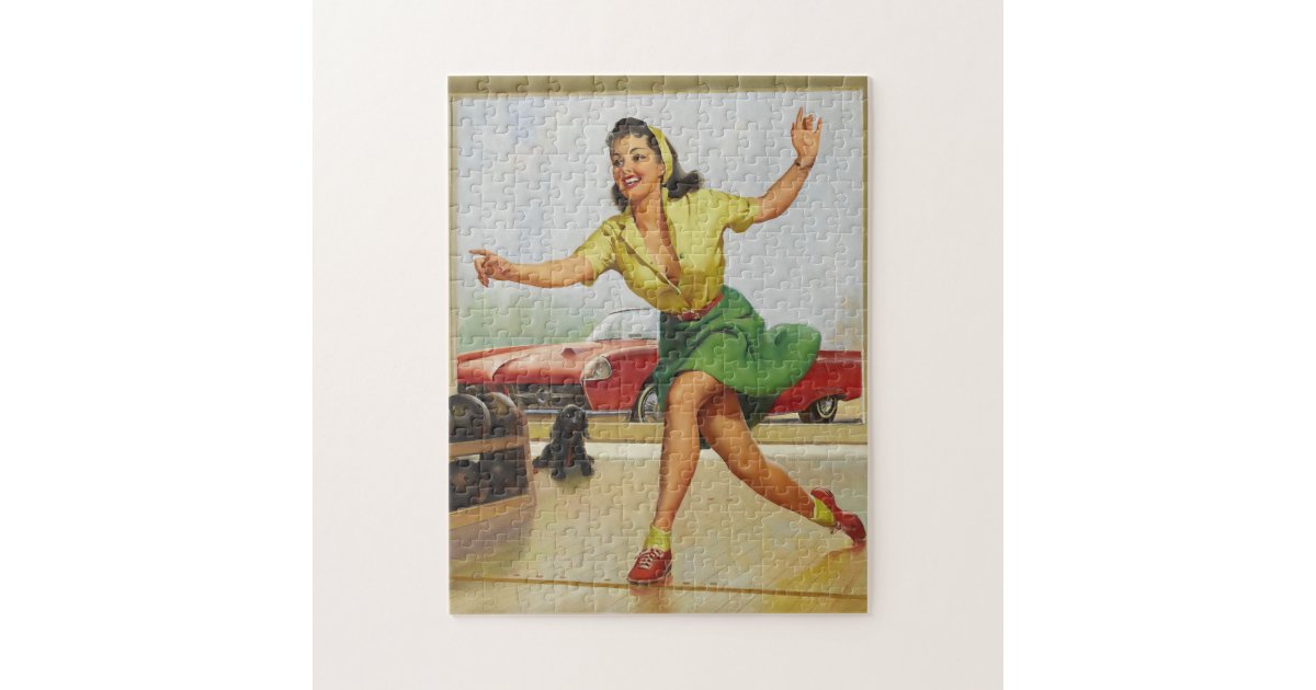 Retro bowling pinup girl jigsaw puzzle | Zazzle