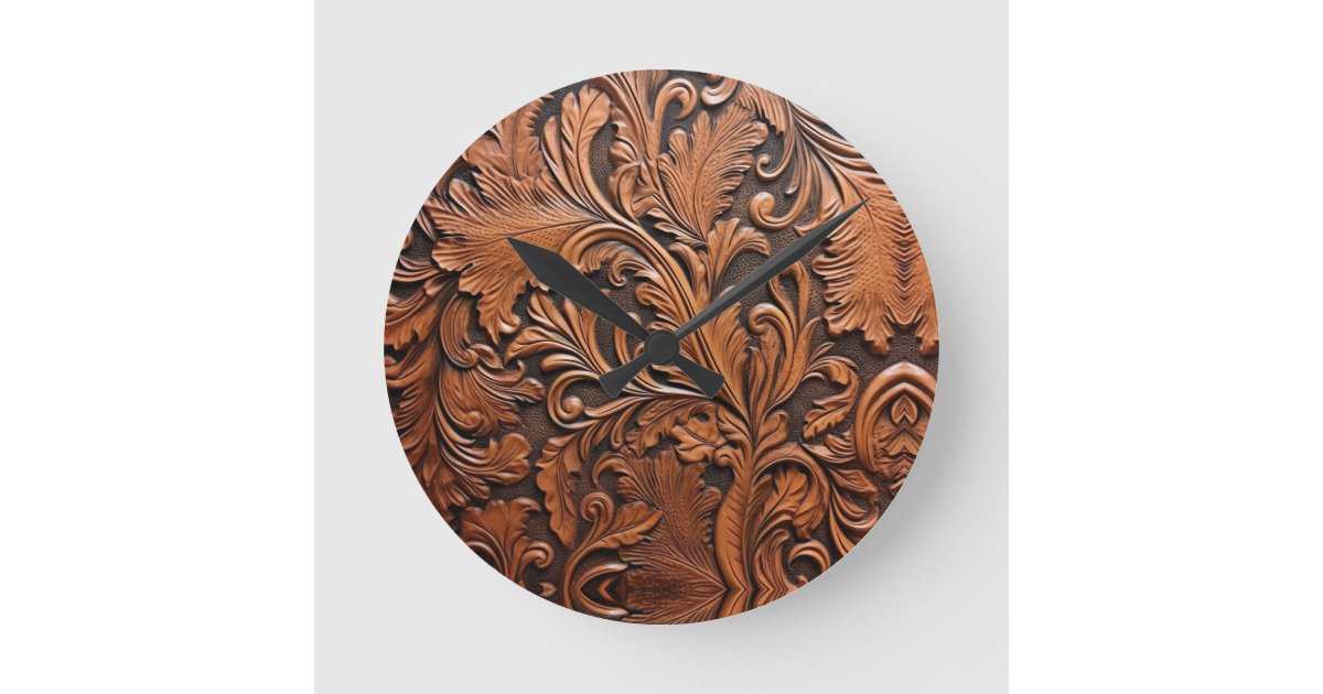 Retro brown tooled leather wall clock. round clock | Zazzle