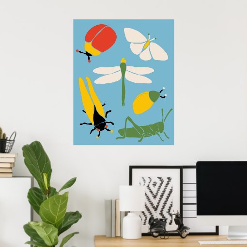 Retro Bugs Insects Illustrations Light Blue Poster | Zazzle