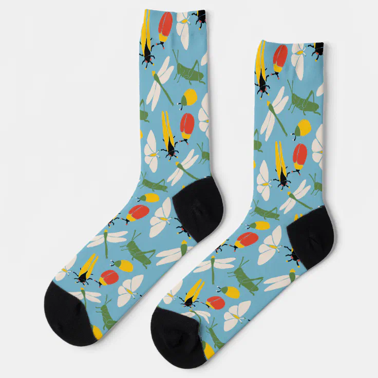 Retro Bugs Insects Illustrations Light Blue Socks | Zazzle