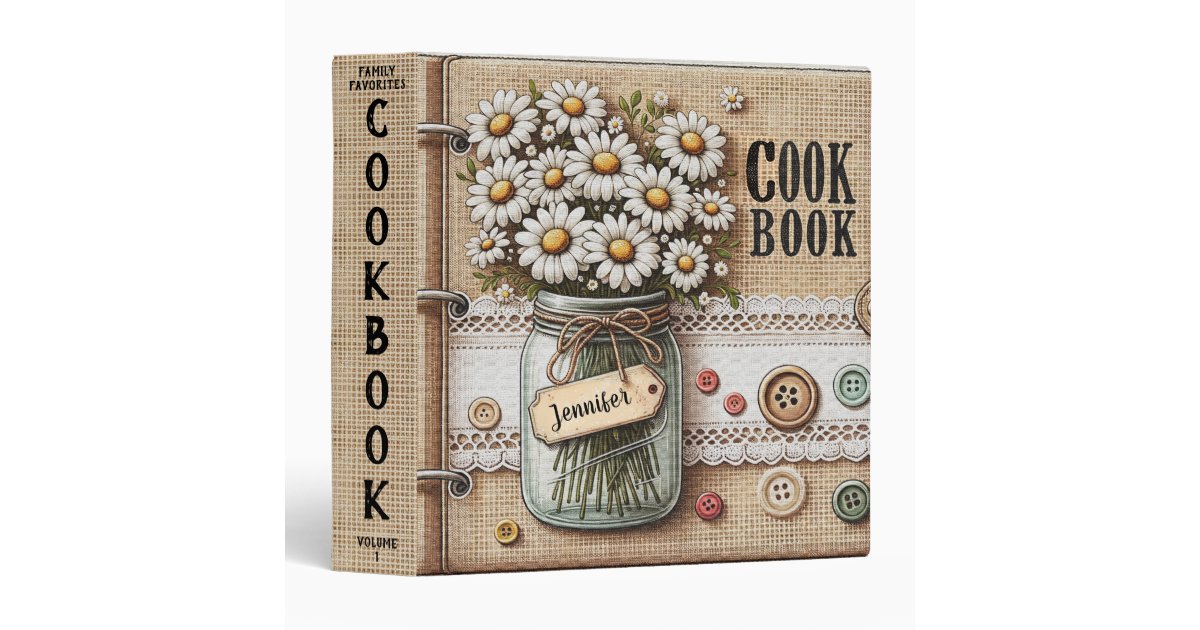Retro Burlap Look Mason Jar and Daisy Cookbook 3 Ring Binder | Zazzle