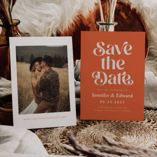 Retro Burnt Orange Wedding Save The Date | Zazzle