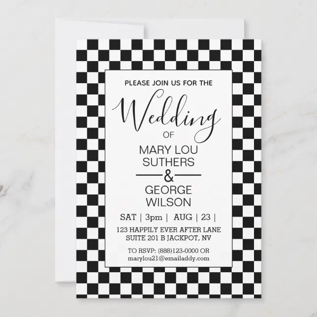 Retro BW Checkered Wedding Invitation | Zazzle