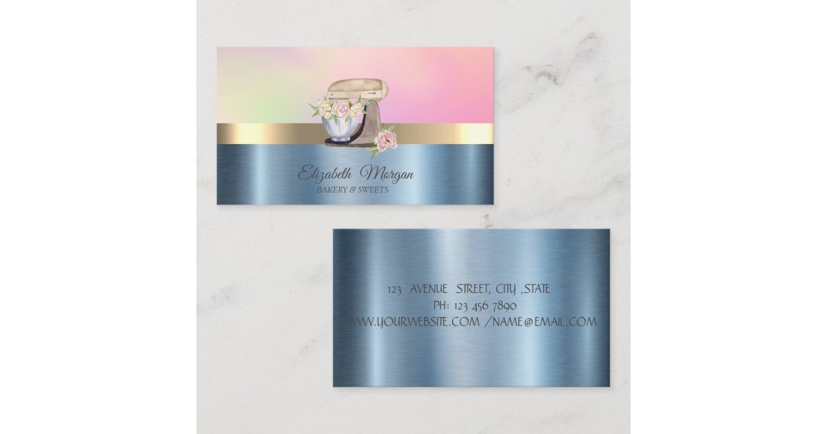Retro Cake Mixer Flower Blue Metallic Business Card | Zazzle