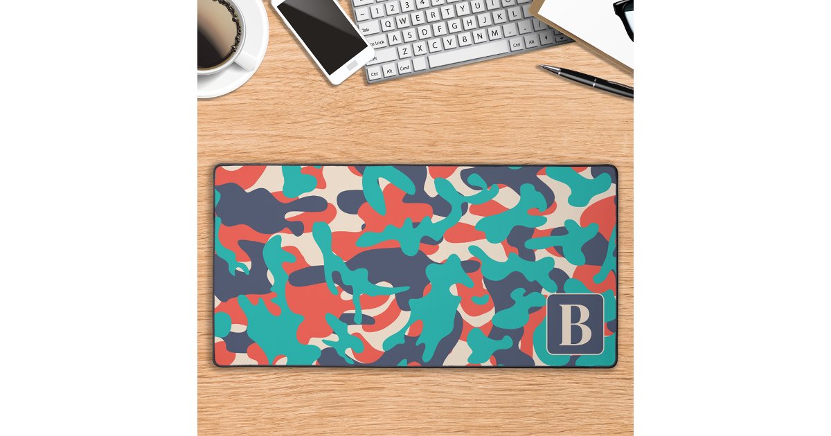 Retro Camo Teal Orange Blue Personalize Camouflage Desk Mat | Zazzle