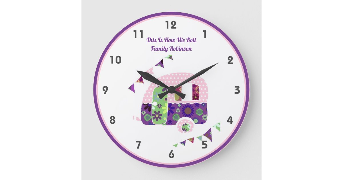 Retro Campervan Purple Pink Hippy Shabby Chic Large Clock | Zazzle