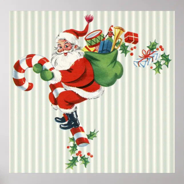 retro candy cane santa poster | Zazzle