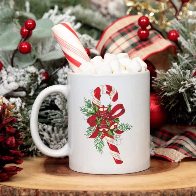 Retro Candy Cane with Bells and Bow Christmas Coffee Mug | Zazzle