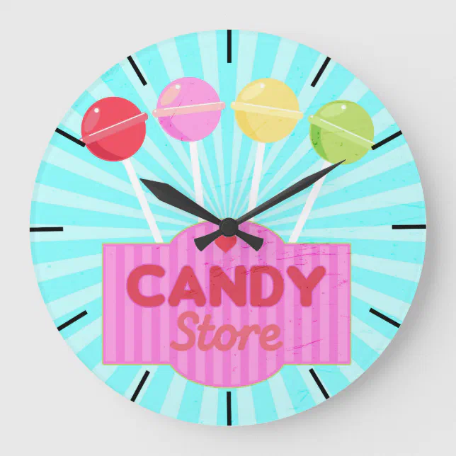 Retro Candy Store Pastel Coloured Lollipops Design Large Clock | Zazzle