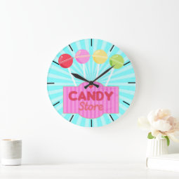 Retro Candy Store Pastel Coloured Lollipops Design Large Clock | Zazzle