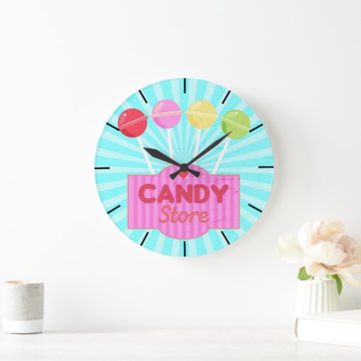 Retro Candy Store Pastel Coloured Lollipops Design Large Clock | Zazzle