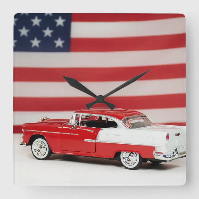 Retro Car With American Flag Square Wall Clock | Zazzle