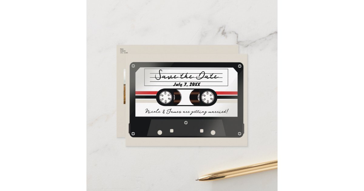 Retro Cassette Tape Beige Grey 90's Save the Date Announcement Postcard ...
