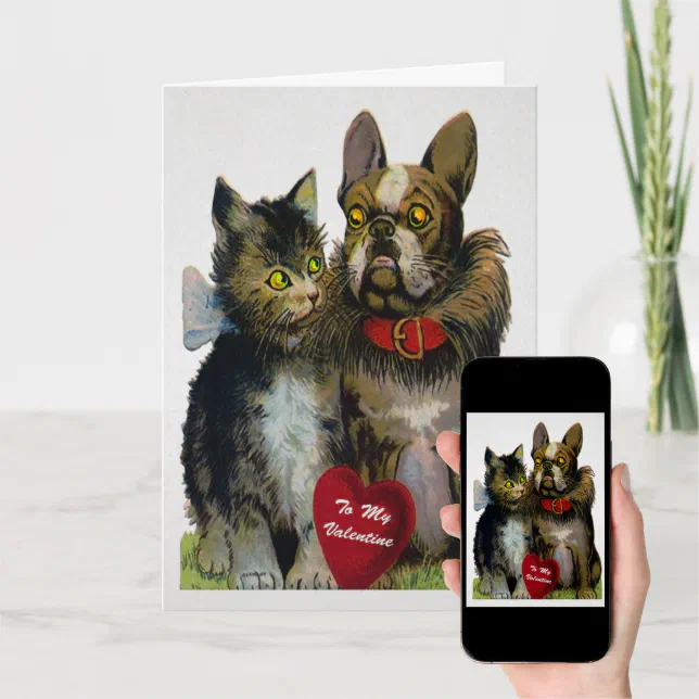 Retro Cat and Dog Valentine's Day Card | Zazzle