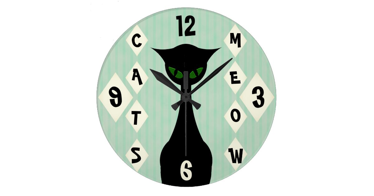 Retro Cats Meow Mid-Century-Modern Green Large Clock | Zazzle.com