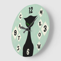 Retro Cats Meow Mid-Century-Modern Green Large Clock | Zazzle