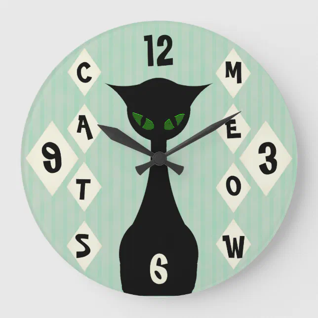 Retro Cats Meow Mid-Century-Modern Green Large Clock | Zazzle