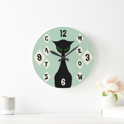 Retro Cats Meow Mid-Century-Modern Green Large Clock | Zazzle
