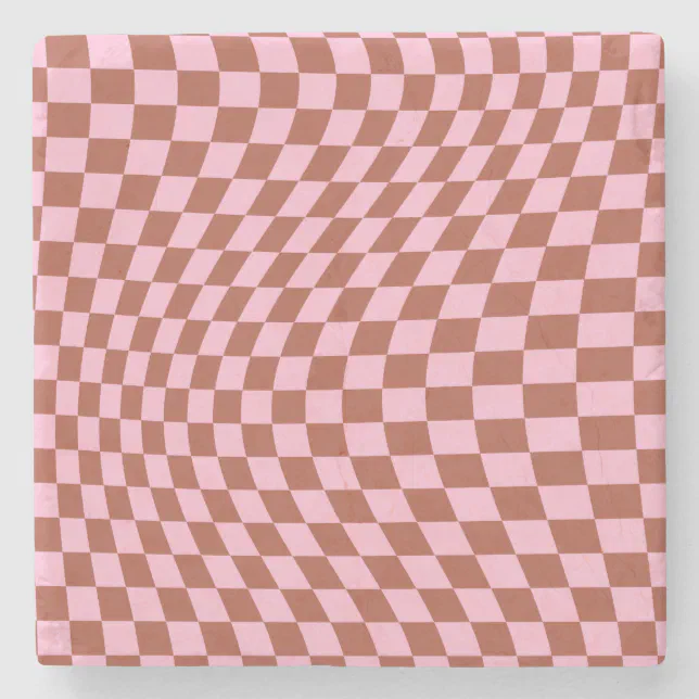 Retro Check Pattern Pink And Brown Checkerboard Stone Coaster | Zazzle