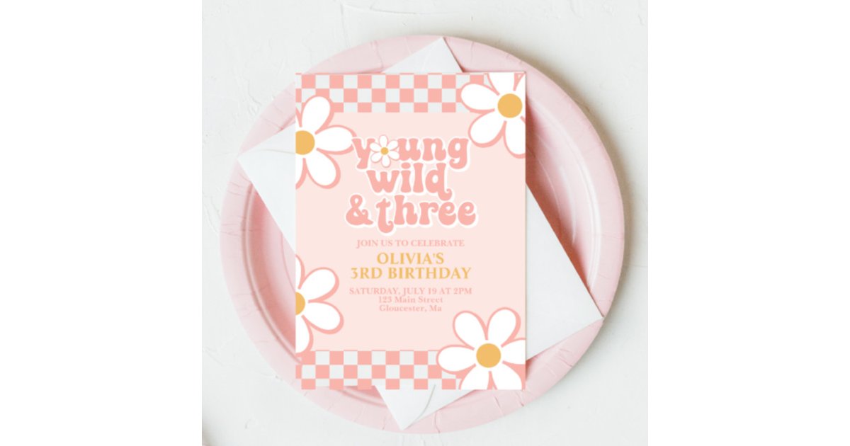 Retro Check Young Wild Three Pink Daisy Invitation | Zazzle