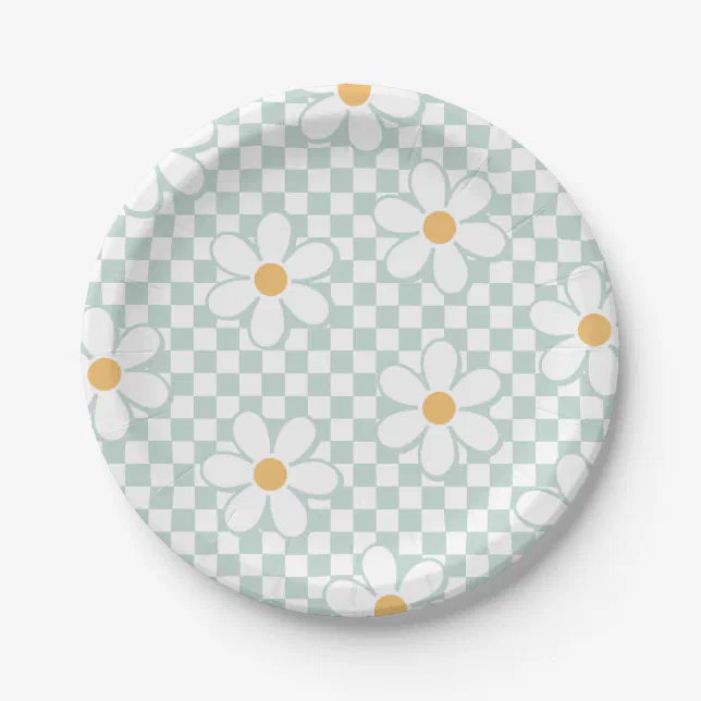 Retro Checker Daisy mint birthday Paper Plates | Zazzle