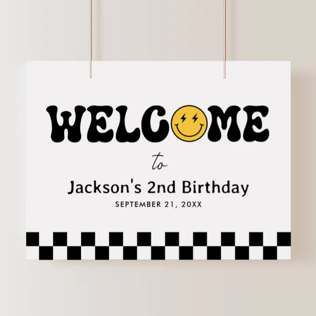 Retro Checker Happy Face 2nd Birthday Welcome Sign | Zazzle