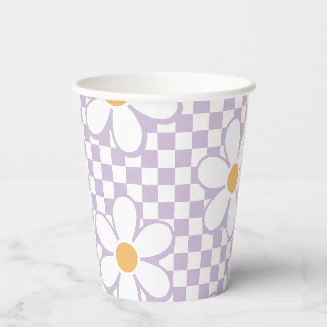 Retro Checker Lilac Daisy birthday Paper Cups | Zazzle