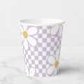 Retro Checker Lilac Daisy birthday Paper Cups | Zazzle