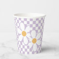 Retro Checker Lilac Daisy birthday Paper Cups | Zazzle