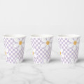Retro Checker Lilac Daisy birthday Paper Cups | Zazzle