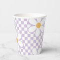Retro Checker Lilac Daisy birthday Paper Cups | Zazzle