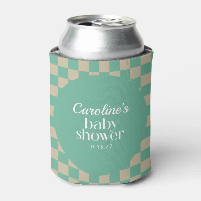 Retro Checkerboard Mint Sage Custom Baby Shower Can Cooler | Zazzle