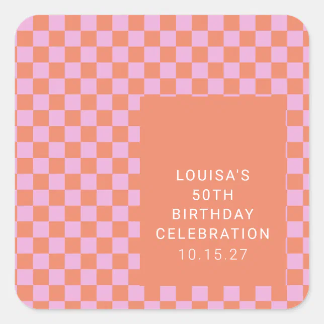 Retro Checkerboard Pink Orange Custom Birthday Square Sticker | Zazzle