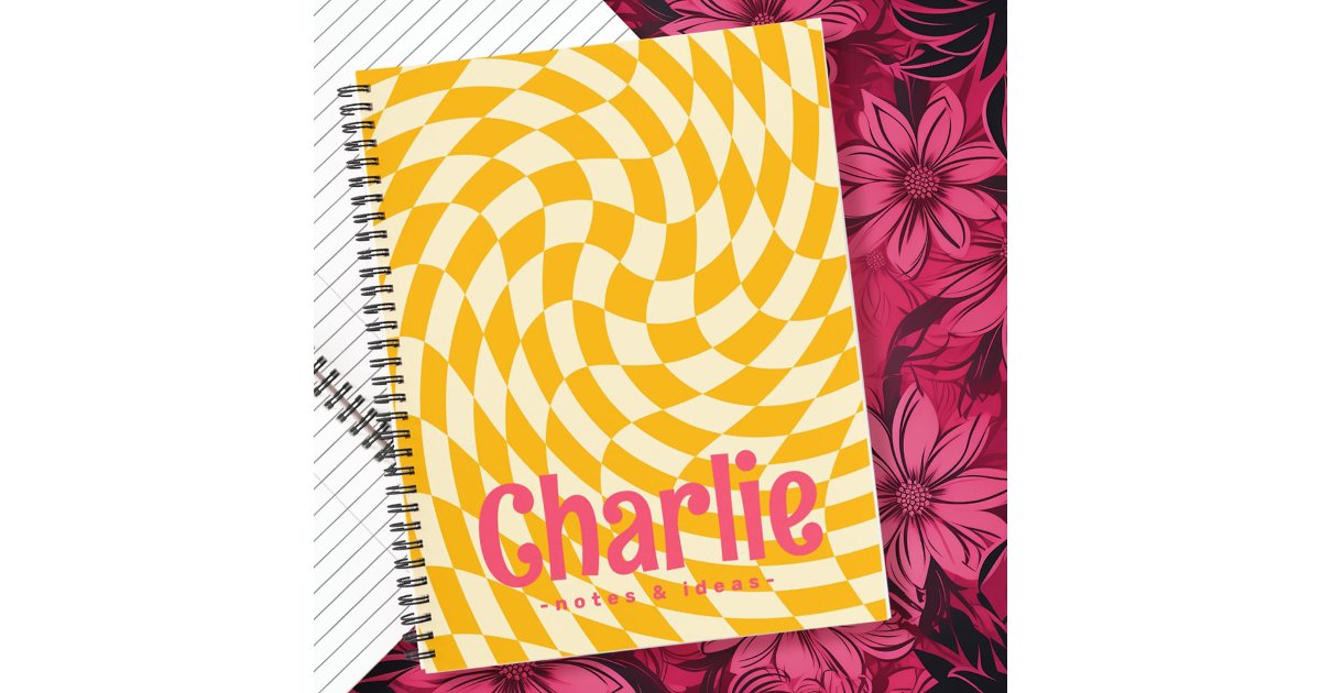 Retro checkerboard swirl wave add name yellow pink notebook | Zazzle